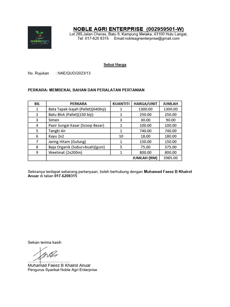 Sebut Harga SMK SAAS (Noble Agri) | PDF