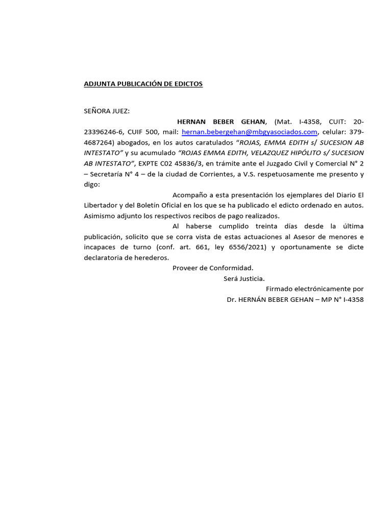 Modelo Acompaña Publicacion de Edictos en El Diario | PDF Modelo Acompaña Publicacion de Edictos en El Diario | PDF
