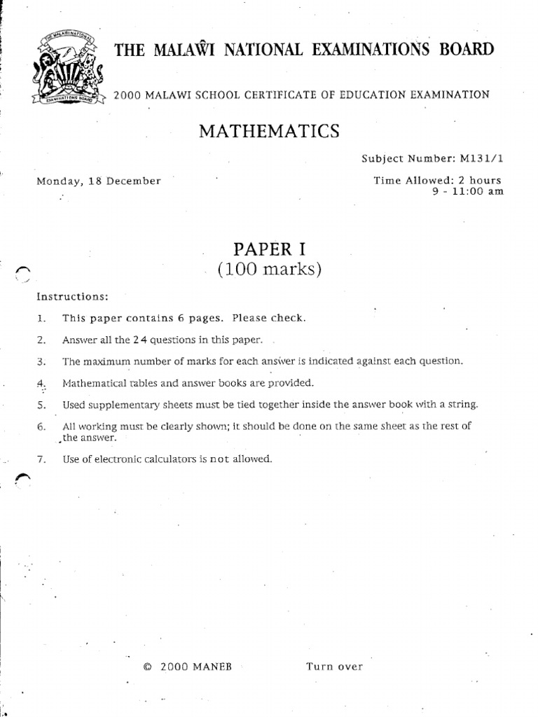 2000msce Math Paper | PDF | Teaching Methods & Materials | Science & Mathematics