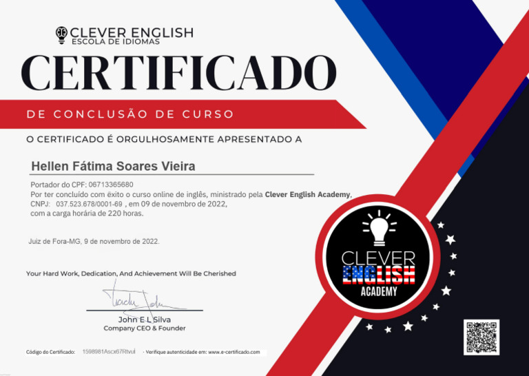 Modelo de Certificado em Ingles | PDF