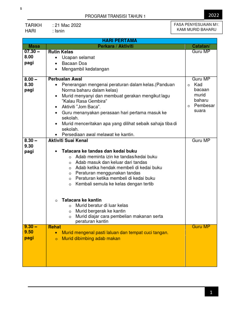 Jadual Program Transisi Tahun 1 2023 | PDF