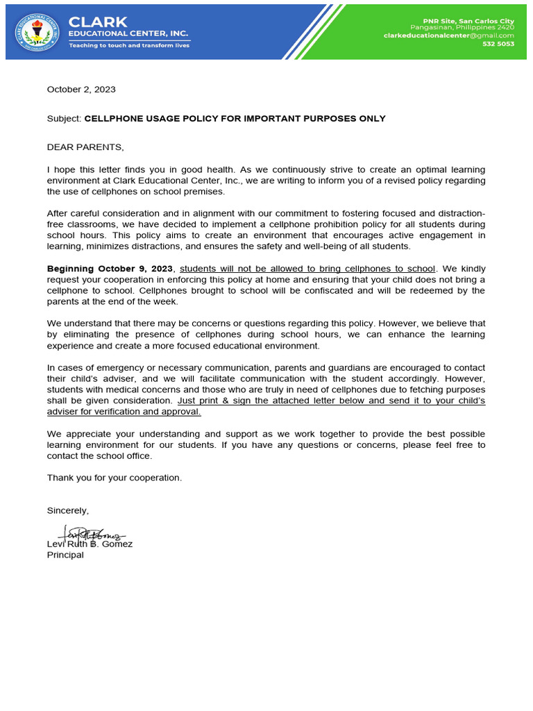 Letter To Parents - Cellphone Policy | PDF | Mobile Phones | Communication