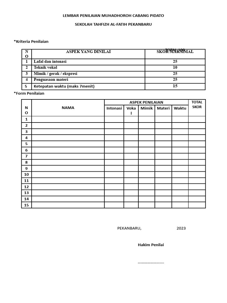 Lembar Penilaian Lomba Pidato 2023 Pdf