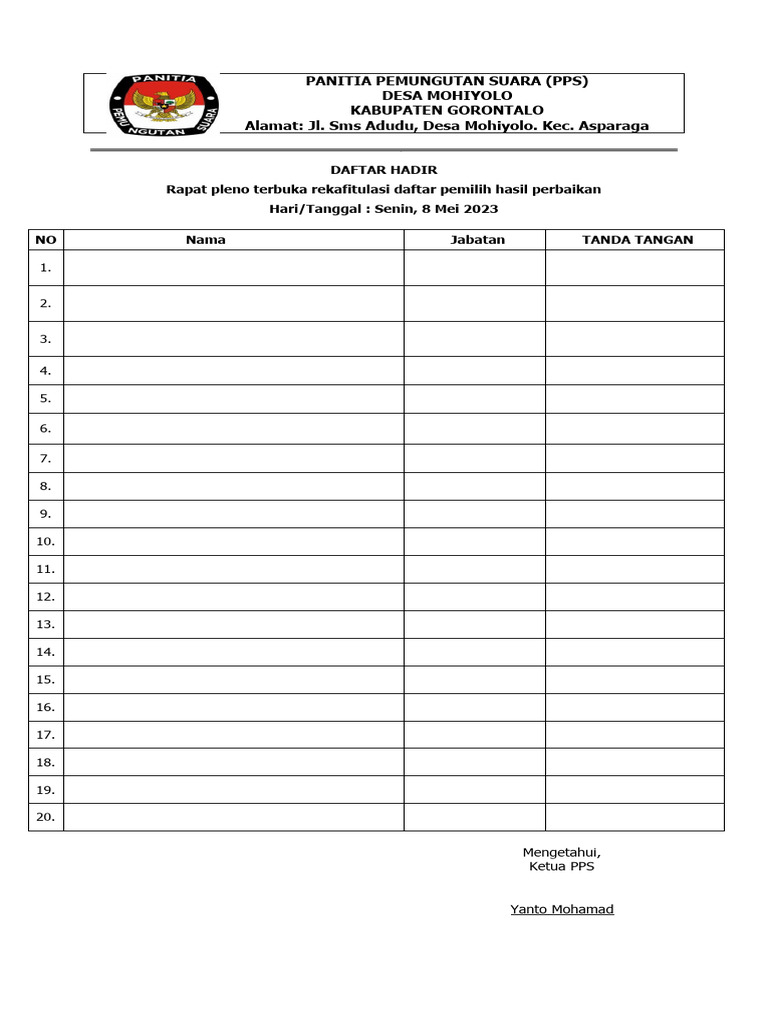 Draft Daftar Hadir Pps | PDF