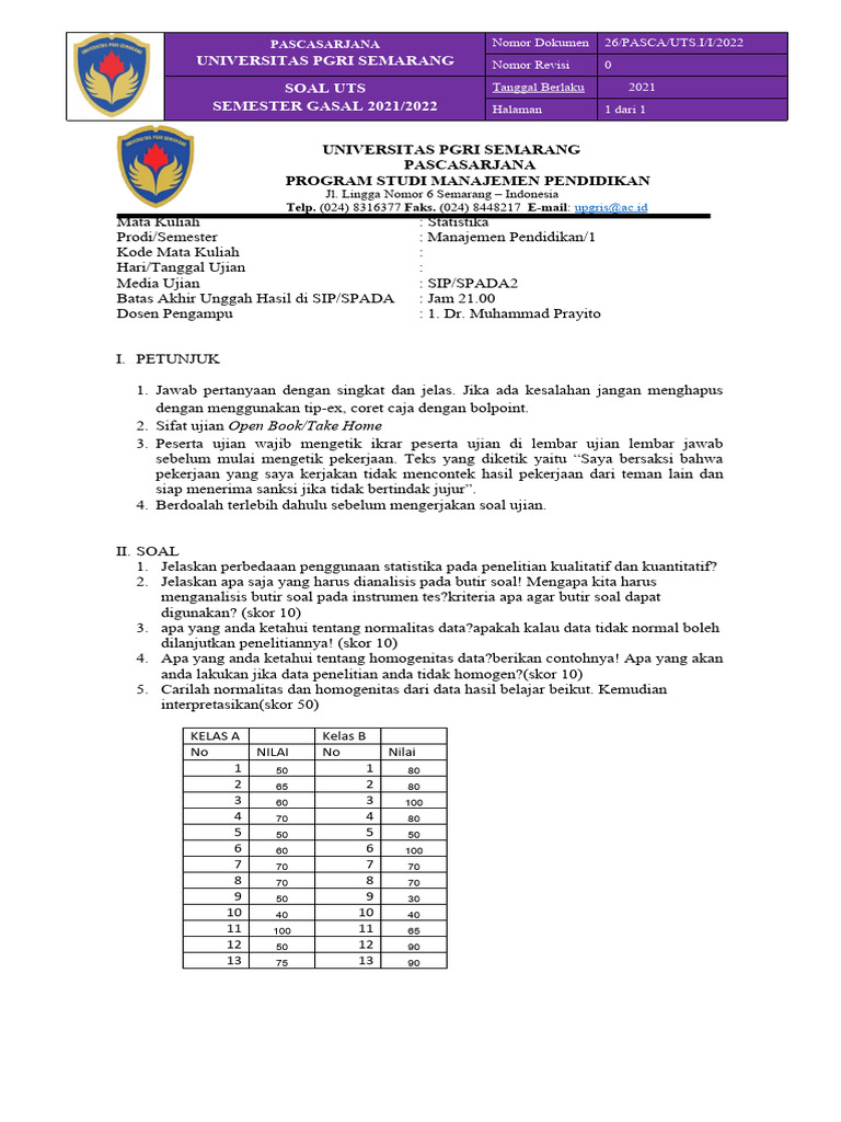 Soal UTS Statistika MP Gasal 2021 - 2022 V 2 | PDF
