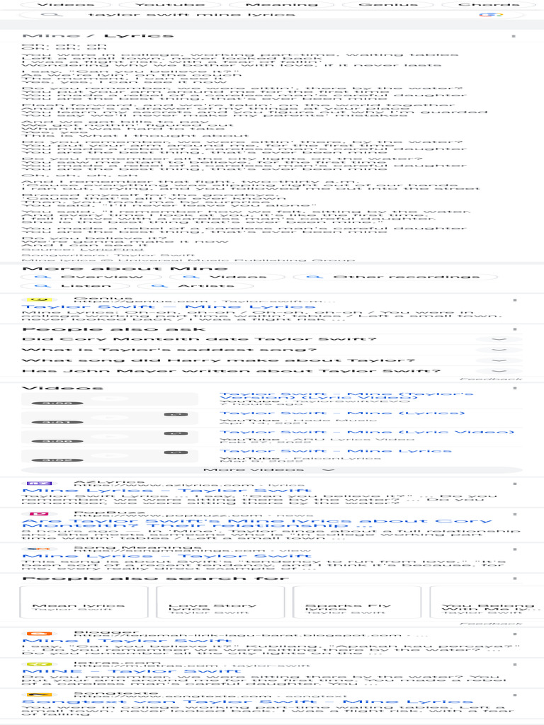 Taylor Swift Mine Lyrics Google Search Pdf