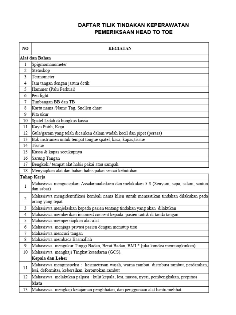 Daftar Tilik - Pemeriksaan Head To Toe | PDF