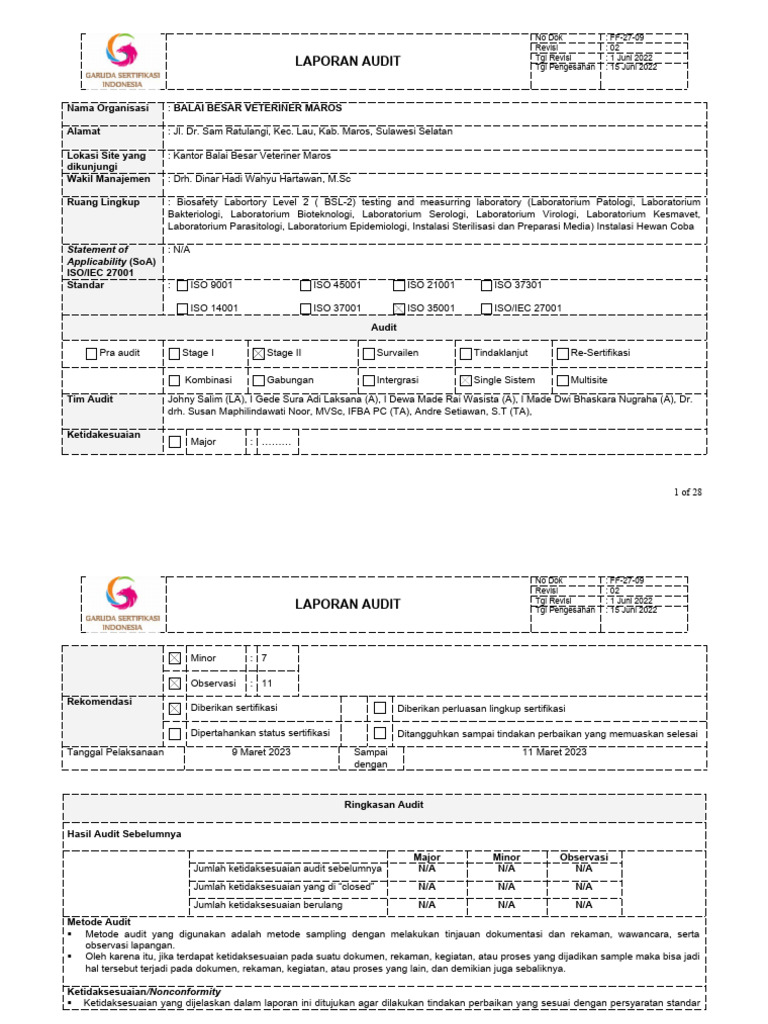 FF-27-09 Laporan Audit & Lembar Ketidaksesuaian Rev 02 | PDF