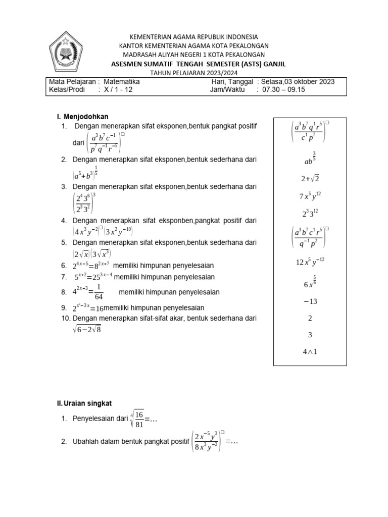 Soal Asts MTK Xi Ganjil 2023 | PDF