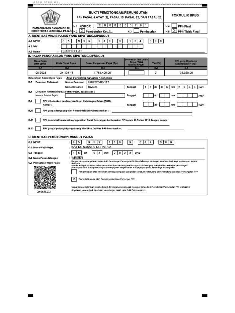 CV Grand Sehat - Agt - Bukti Potong | PDF