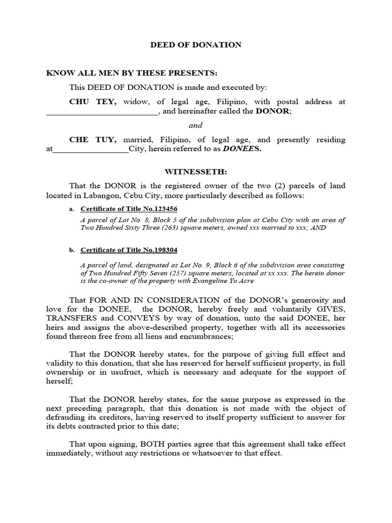Cebu Land Donation Deed Template | PDF | Law