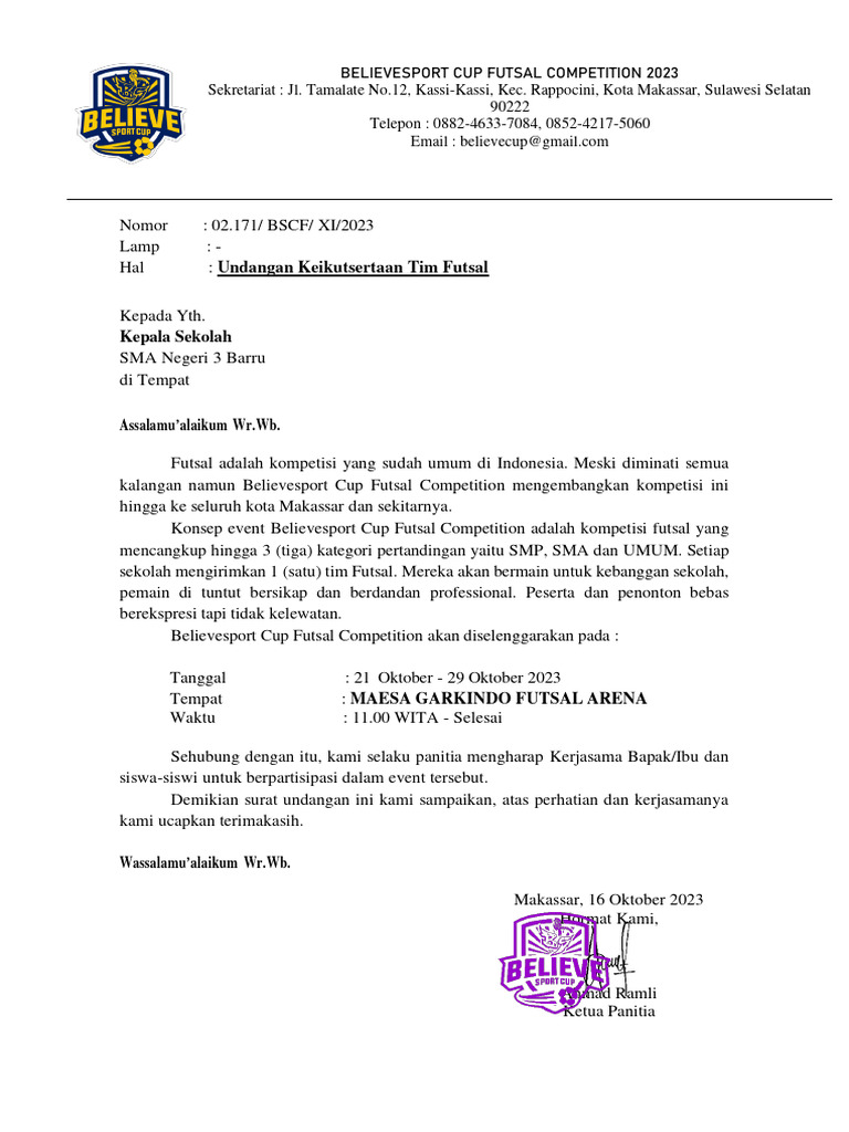Undangan Believesport Cup Futsal 2023 | PDF