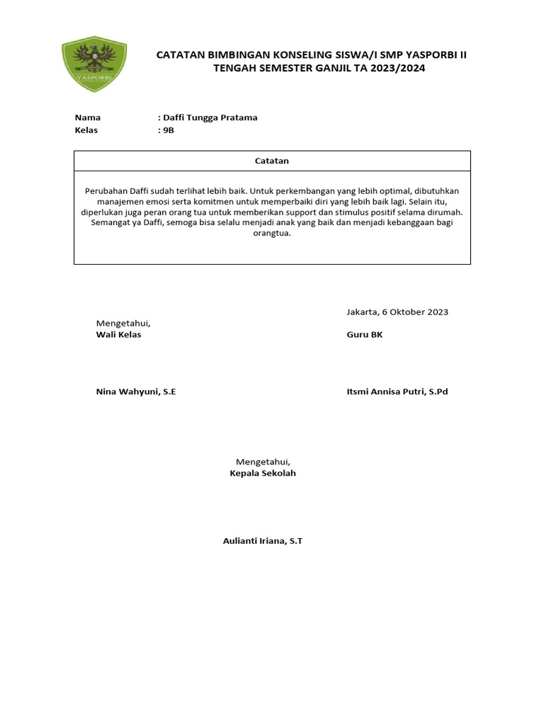 Fix Catatan BK Rapot Ats SMT 1 | PDF