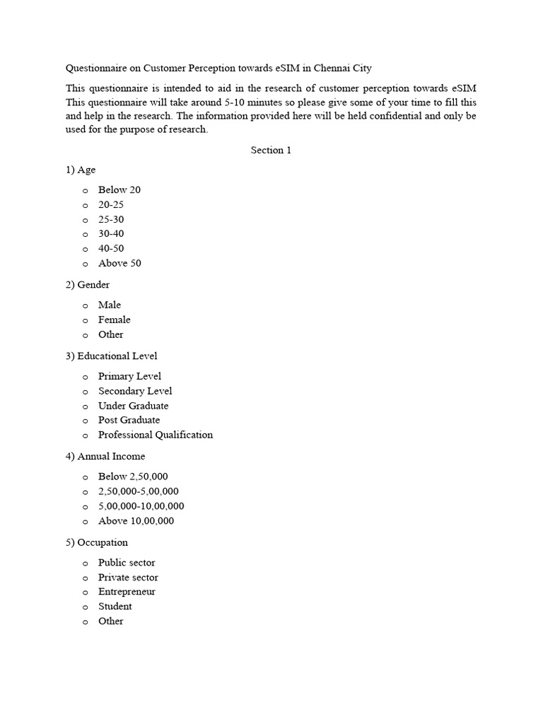 Questionnaire On Customer Perception Towards eSIM in Chennai City | PDF Questionnaire On Customer Perception Towards eSIM in Chennai City | PDF