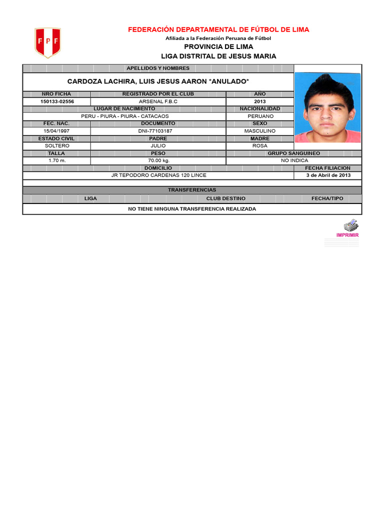 Registro de Luis Cardoza en Fútbol Lima | PDF