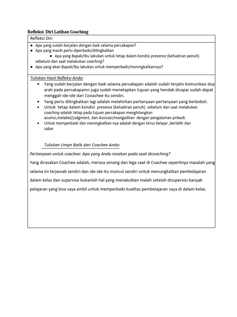 5 - Lembar Refleksi Diri Latihan Coaching - Docx - 2 | PDF
