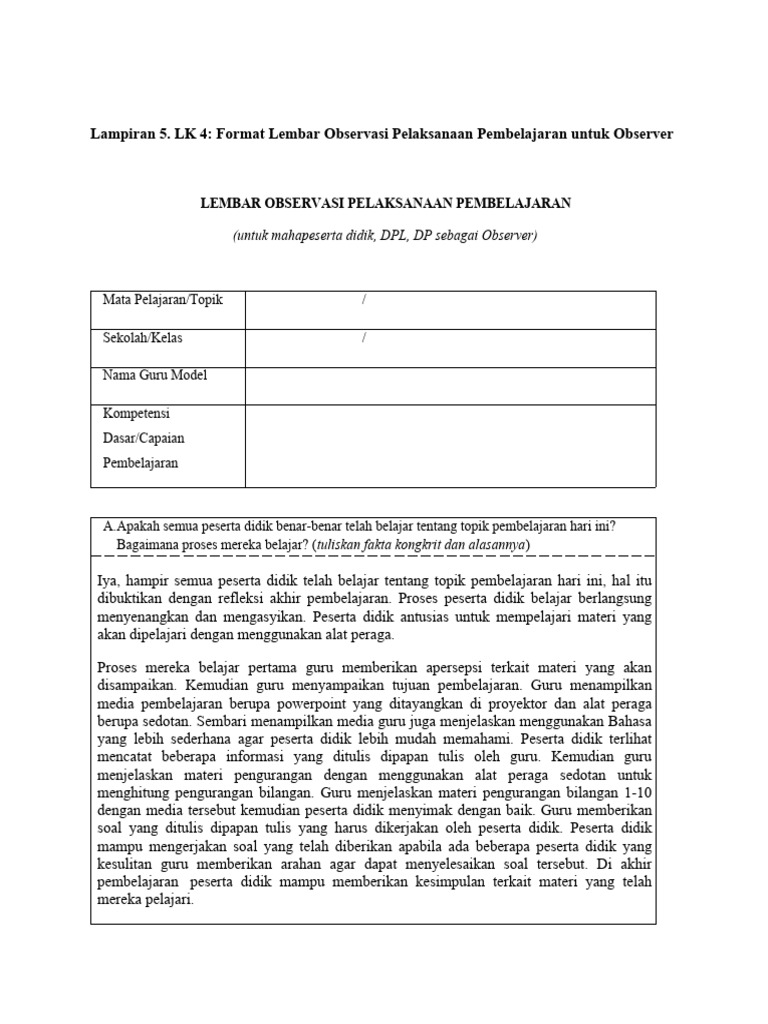 LK 4 Format Lembar Observasi Pelaksanaan Pembelajaran Untuk Observer | PDF