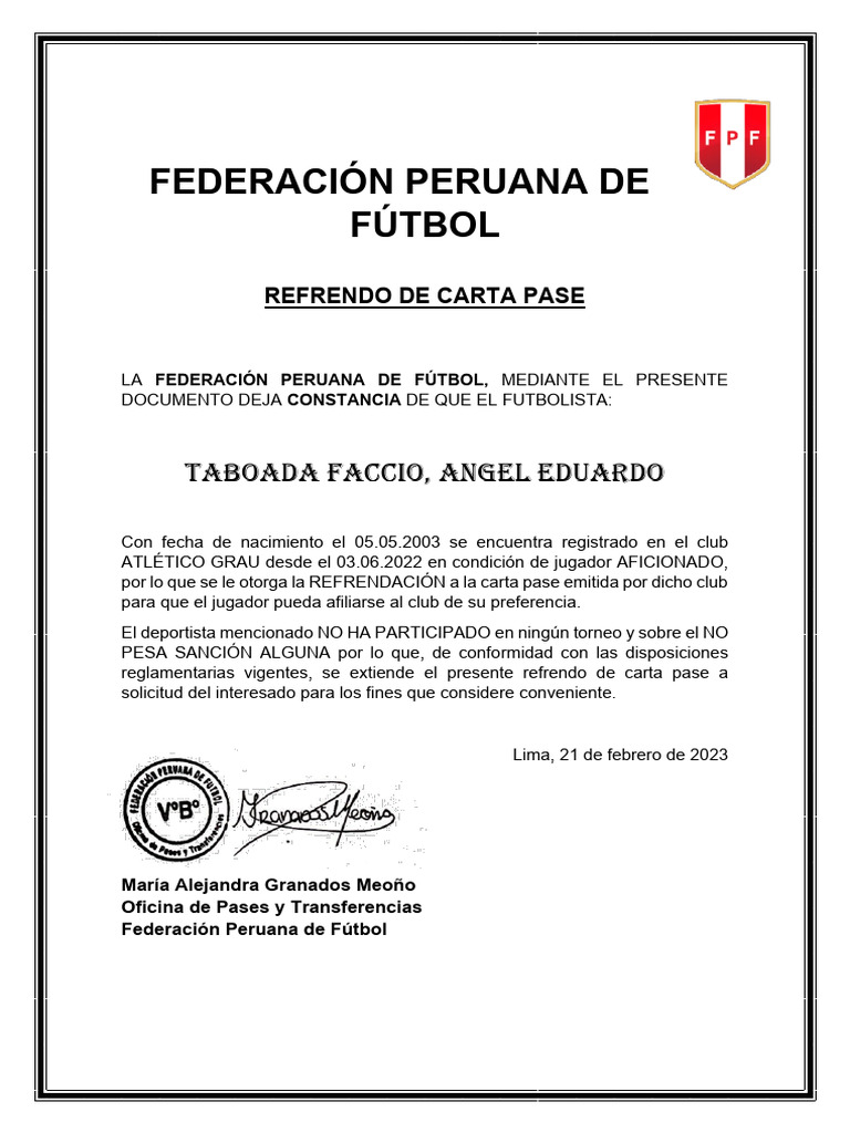Refrendo Carta Pase Toboada | PDF
