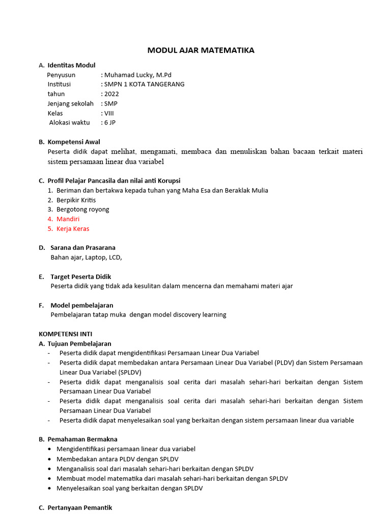Modul Ajar MTK Sistem Persamaan Linear Dua Variabel Bab Ii | PDF