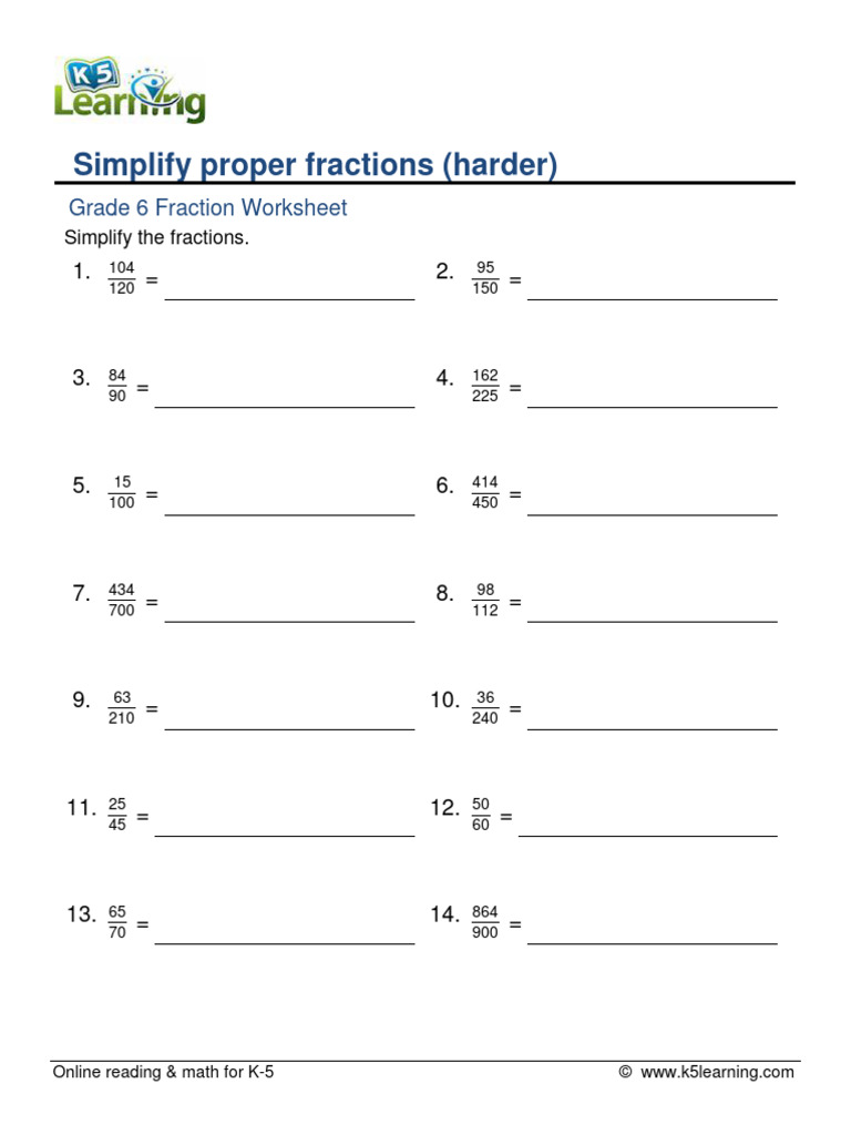Grade 6 Simplifying Fractions Hard D | PDF