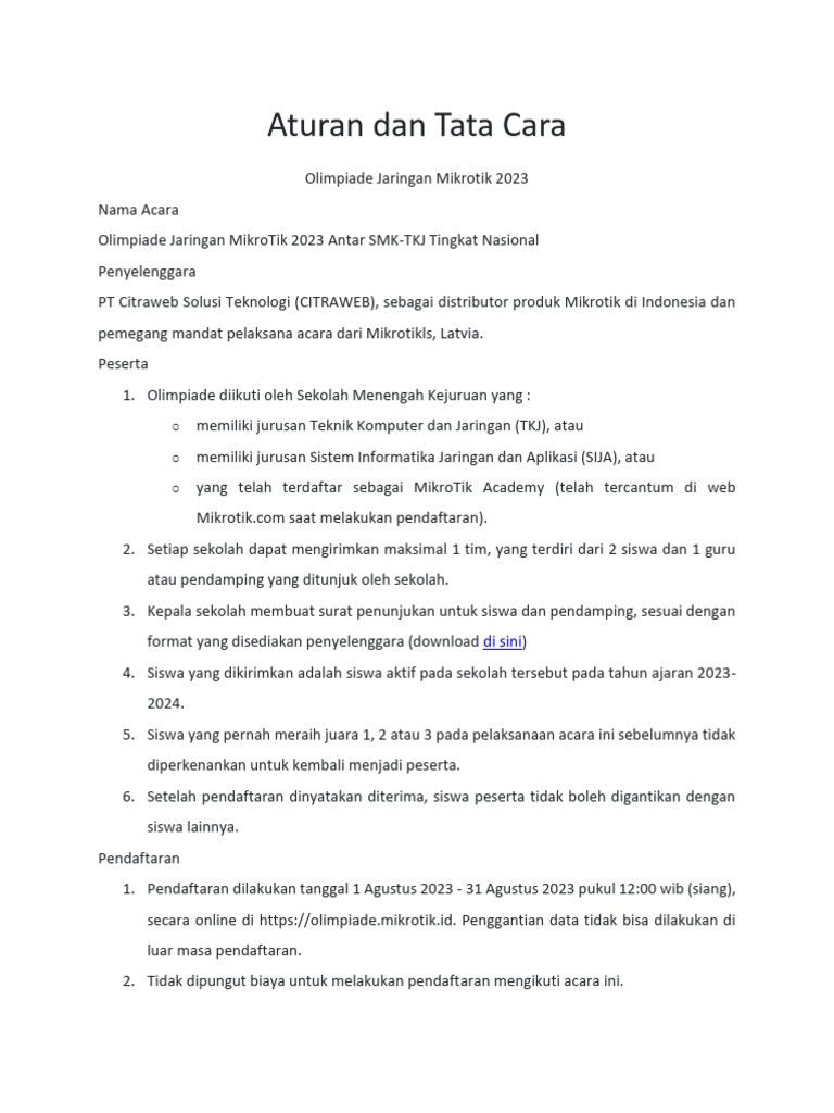 Aturan Dan Materi Soal Olimpiade Mikrotik 2023 | PDF