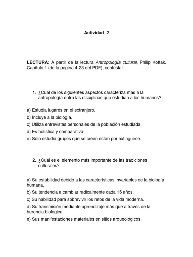 Actividad 2 Opción Múltiple Cap 1 de Kottak | PDF | Antropología | Antropología cultural