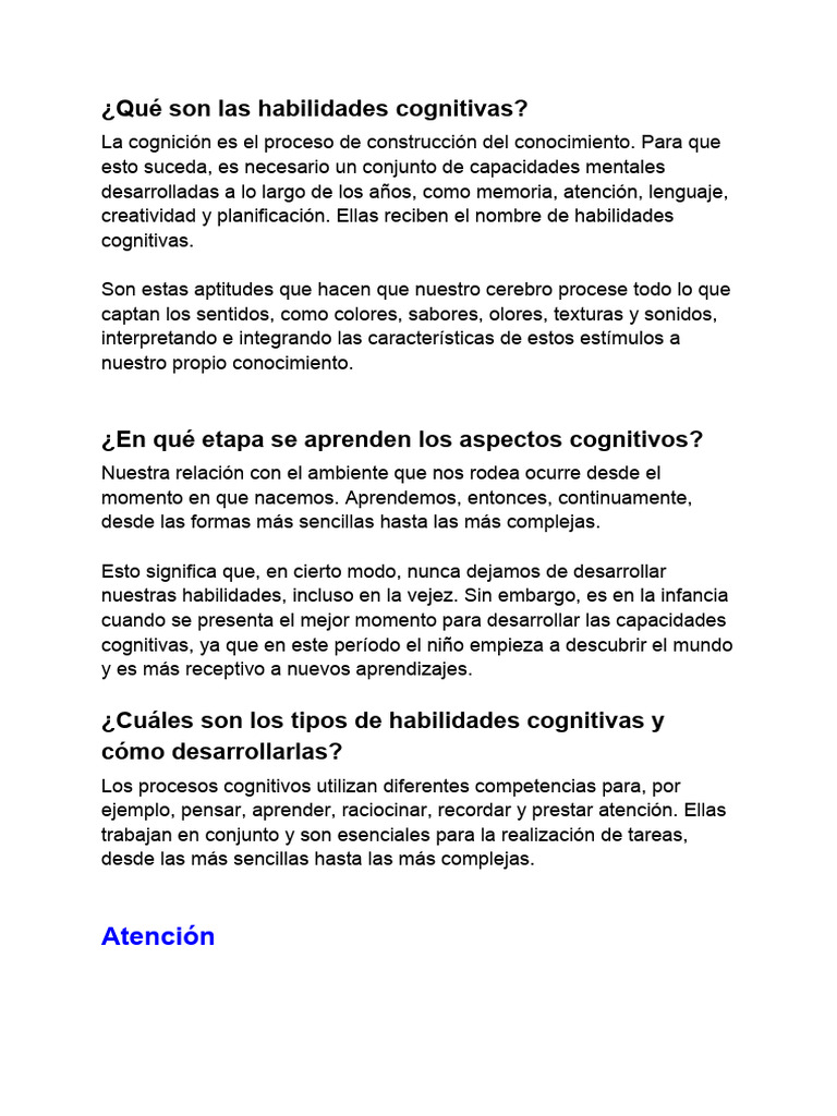 Habilidades Cognitivas: Desarrollo y Tipos | PDF | Pensamiento | Memoria