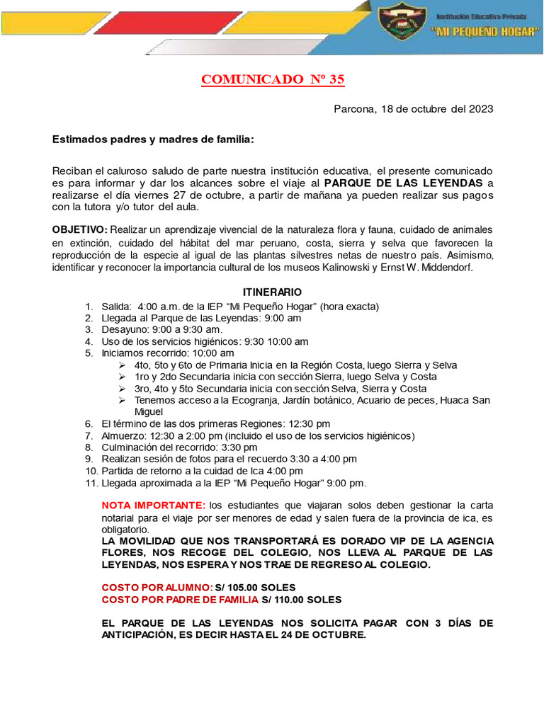 Comunicado - Viaje Al Parque de Las Leyendas | PDF