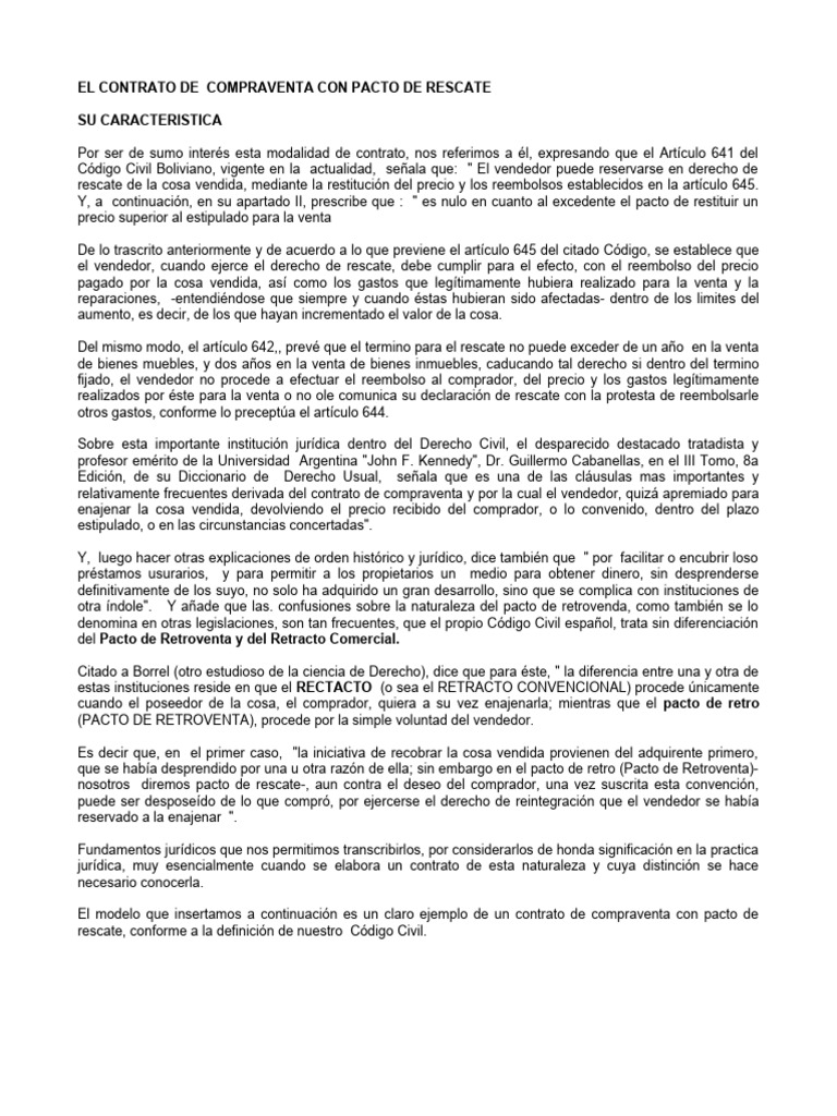 El Contrato de Compraventa Con Pacto de Rescate | Descargar gratis PDF | Derecho civil (sistema ...