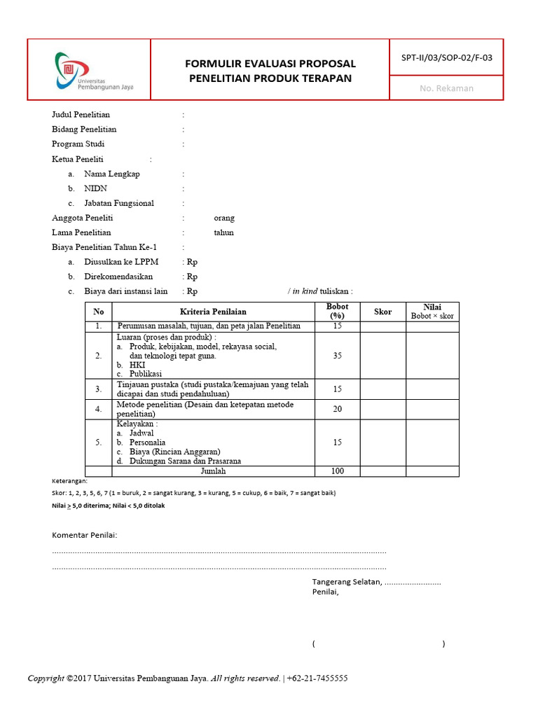 Formulir Evaluasi Proposal Penelitian Produk Terapan | PDF