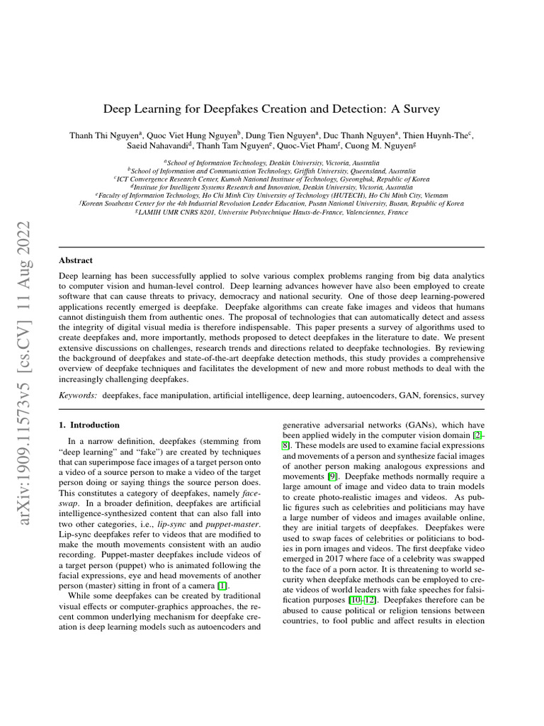 Deep Learning For Deepfakes Creation and Detection: A Survey | PDF | Deep Learning | Artificial ...