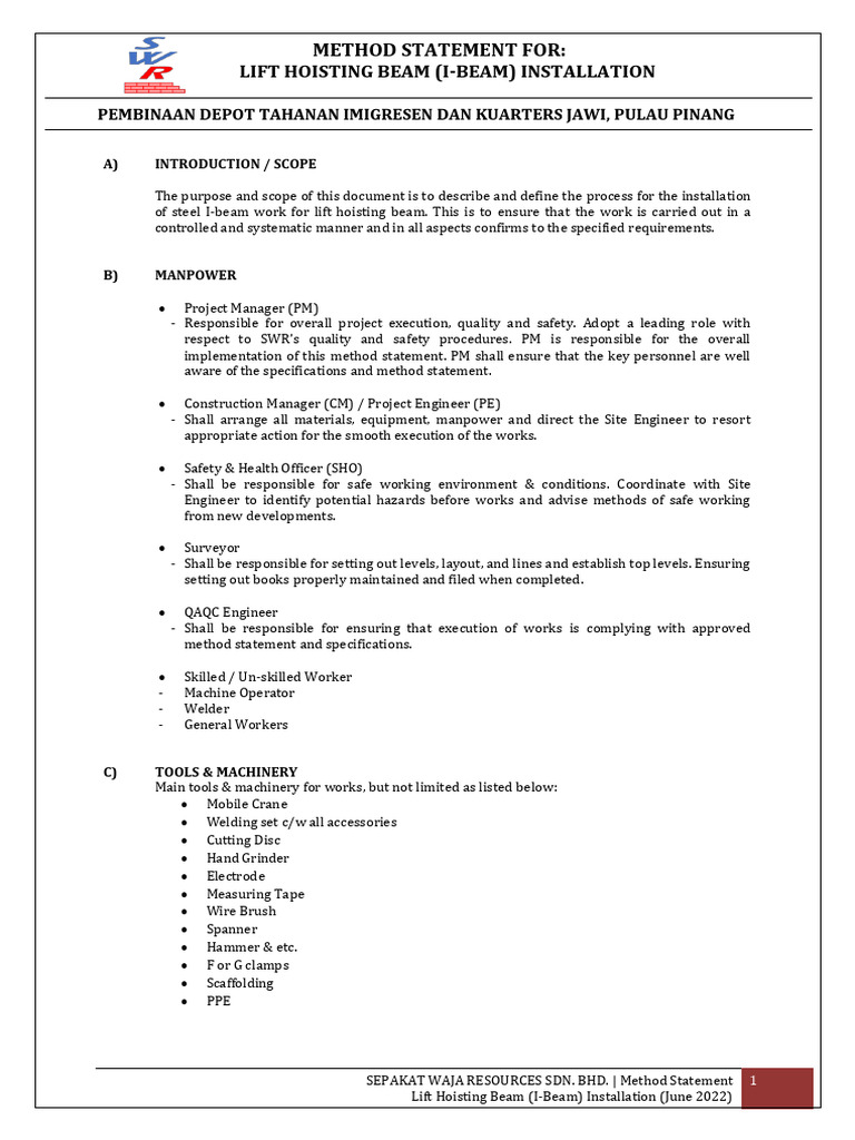 MoS - Lift Hoisting Beam (I-Beam) Installation | PDF