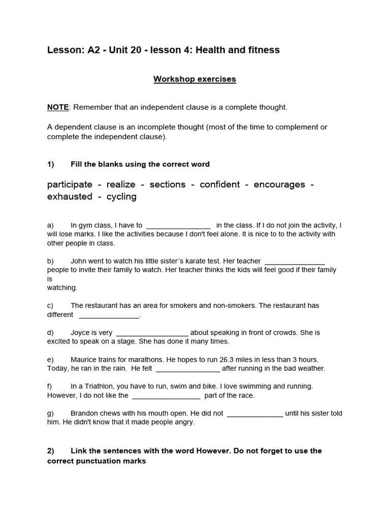 Lesson - A2 - Unit 20 - Lesson 4 - Health and Fitness | PDF | Language ...