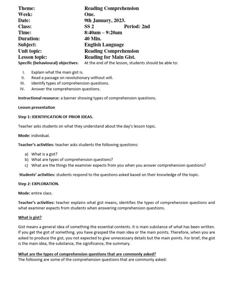 5591 - Reading For Main Gist | PDF | Reading Comprehension | Question