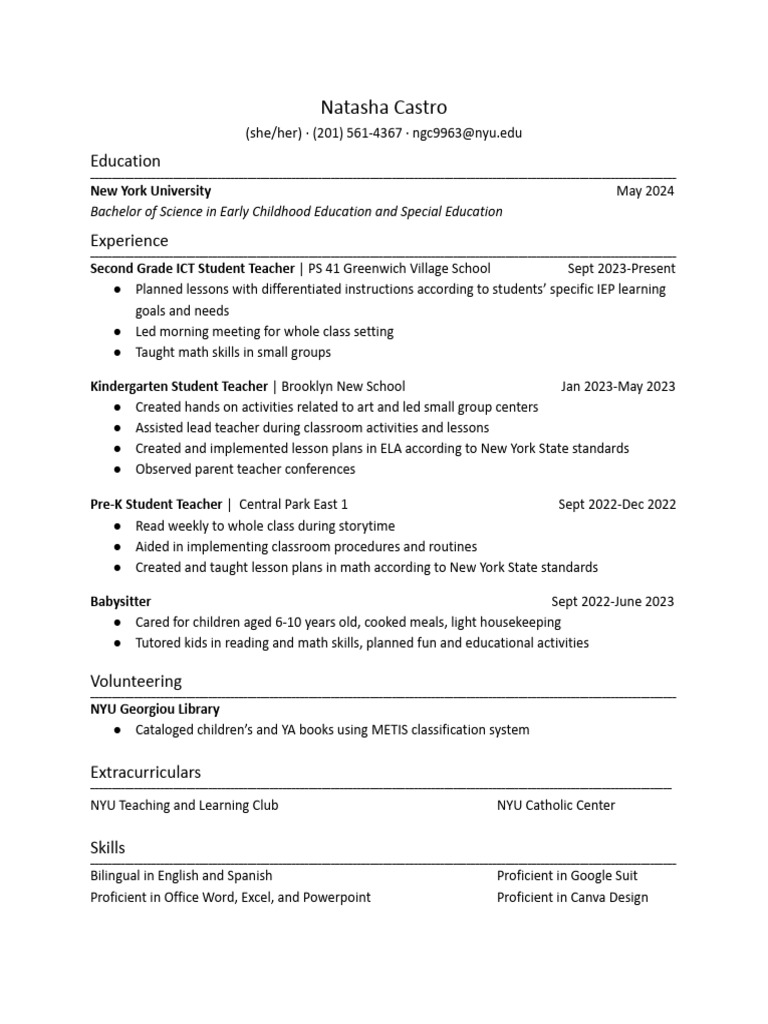 2023 Resume Natasha Castro | PDF | Teachers | Learning