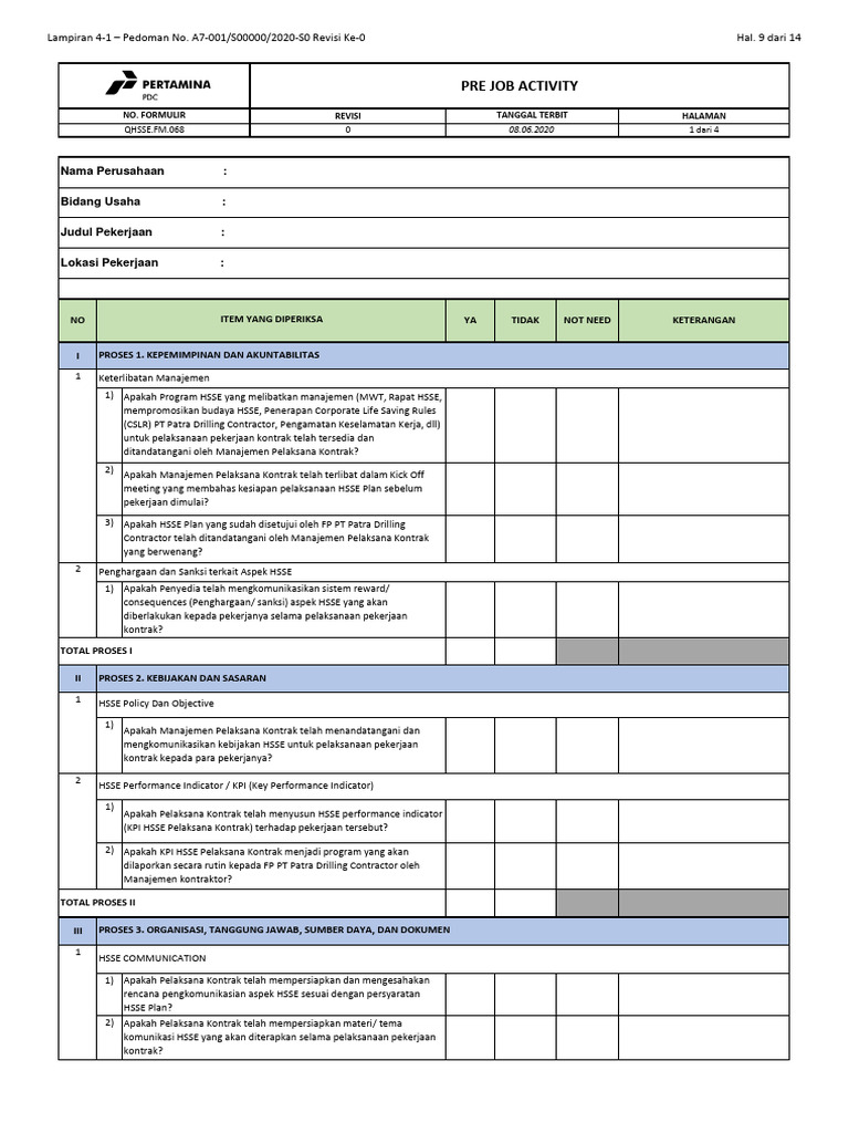 QHSSE - FM.068 Pre Job Activity | PDF