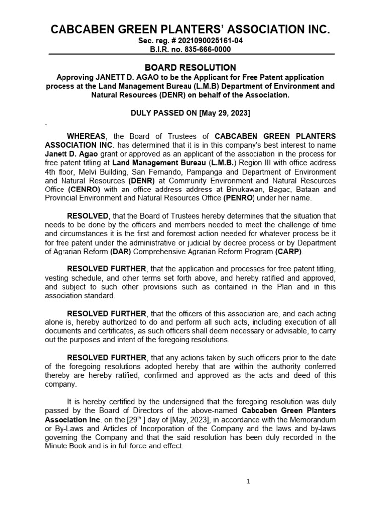 BOARD RESOLUTION For JANETT AGAO | PDF | Civil Law (Common Law ...