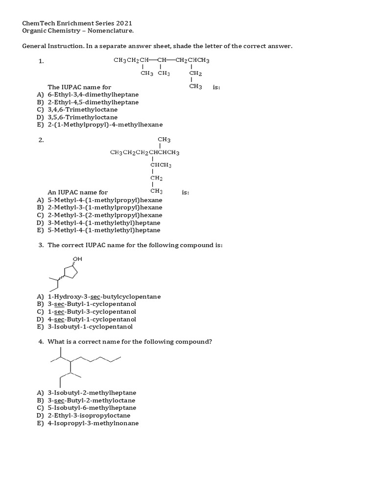 IUPAC Nomenclature Practice Questions | PDF | Ether | International ...