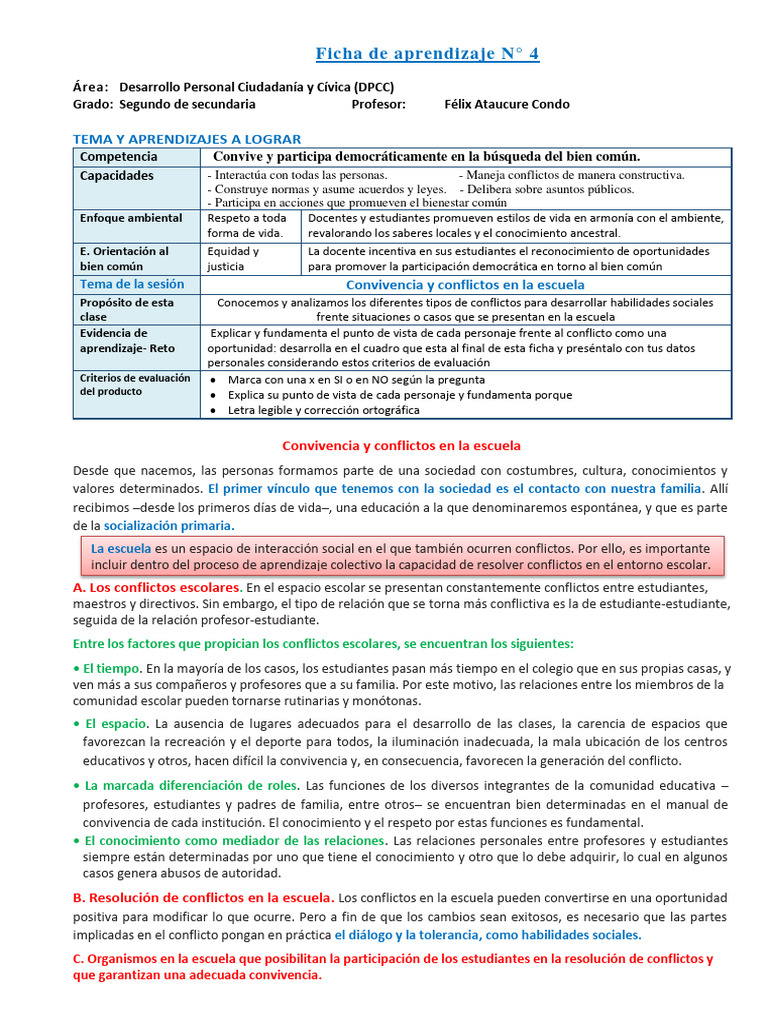 Ficha de Aprendizaje 4 de DPCC 2° | PDF