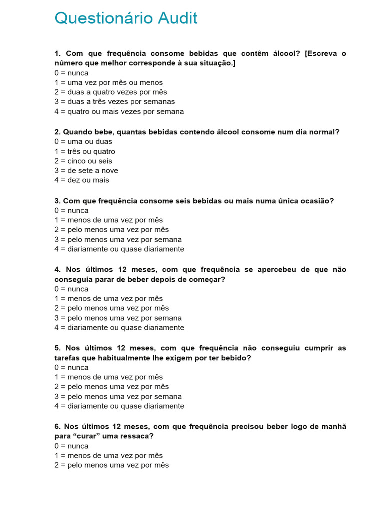 Questionário AUDIT | PDF | Bebidas alcoólicas