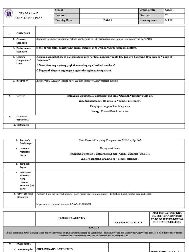 Grade 1-Dlp-Math-Week8-Ordinal Numbers | PDF | Learning | Teachers