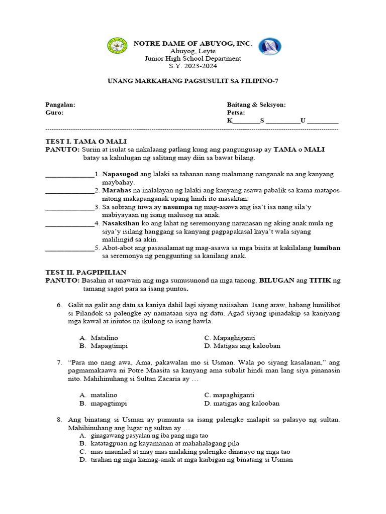 Unang Pagsusulit Sa Filipino 7 | PDF