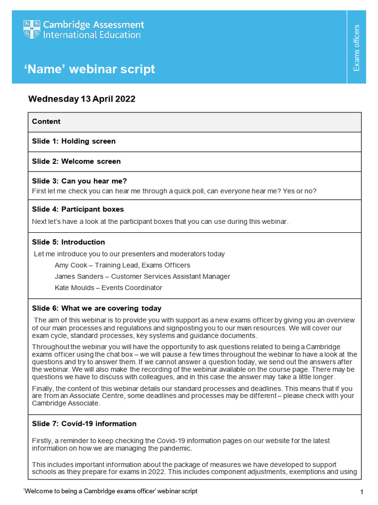 Welcome To Being A Cambridge Exams Officer Script | PDF