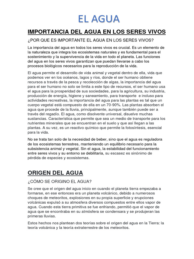 Importancia del Agua para la Vida | PDF | Agua | Vapor de agua