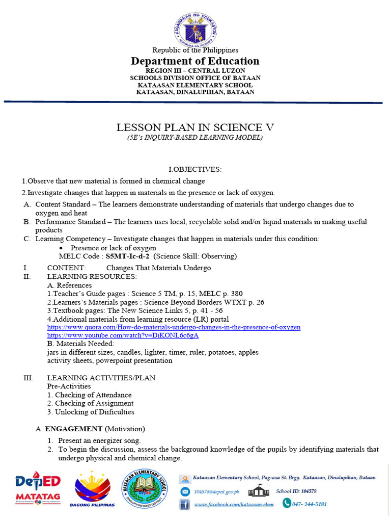Kaye 5 E's DLP in Science V | PDF | Combustion | Rust