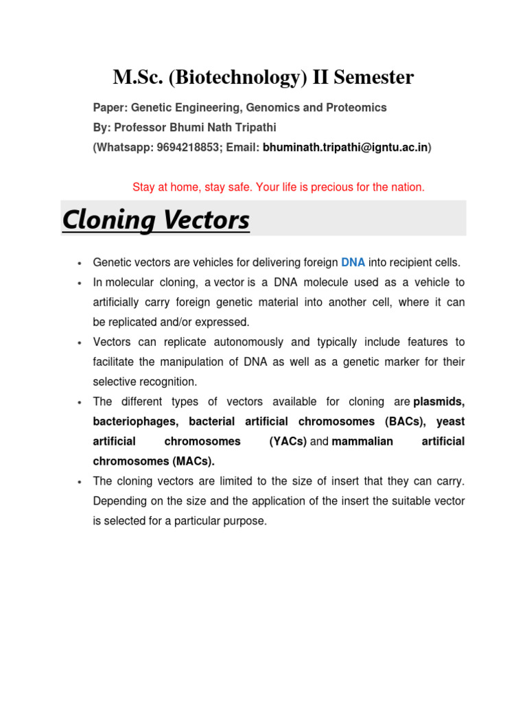 MSc-Biotech-02Sem-ProfBhuminathTripathi | PDF | Vector (Molecular Biology) | Plasmid