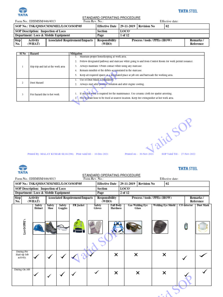 LOCO - SOP - E - 0005 Inspection of Loco | PDF | Personal Protective Equipment | Radiator