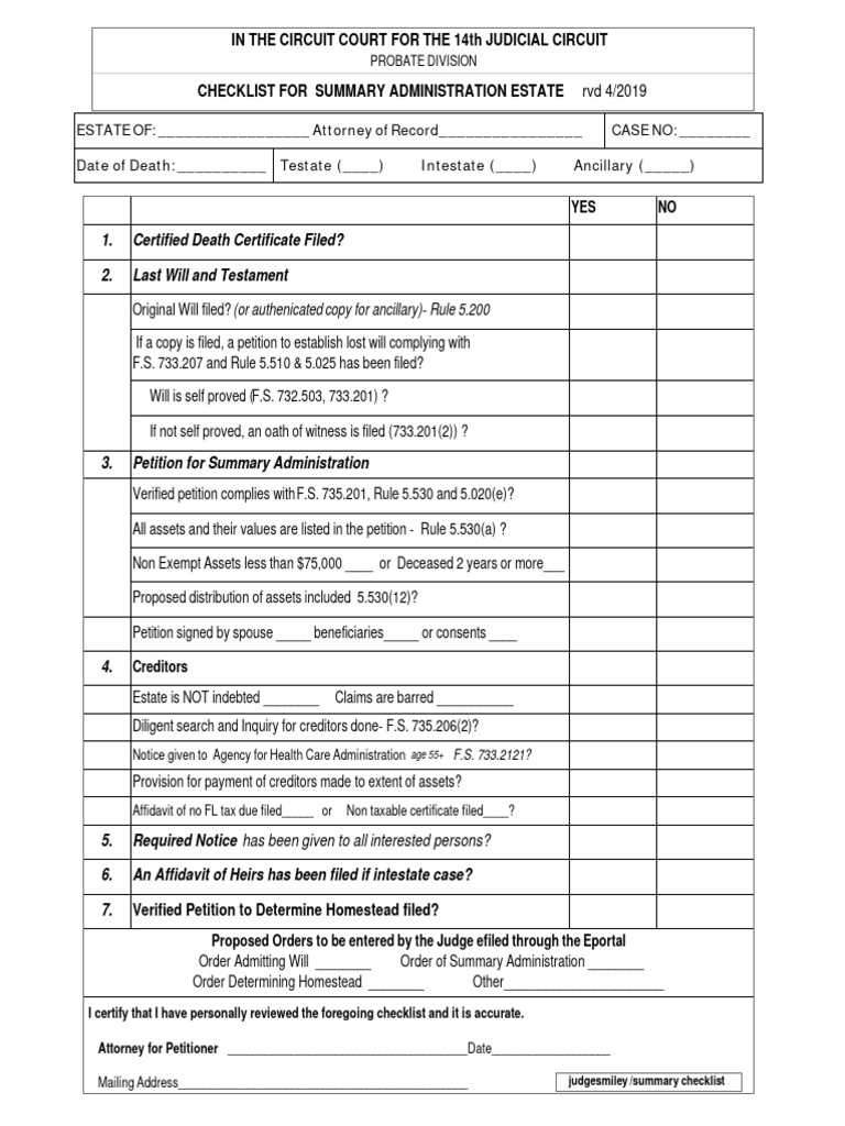 Summary Administration Estate Checklist | PDF