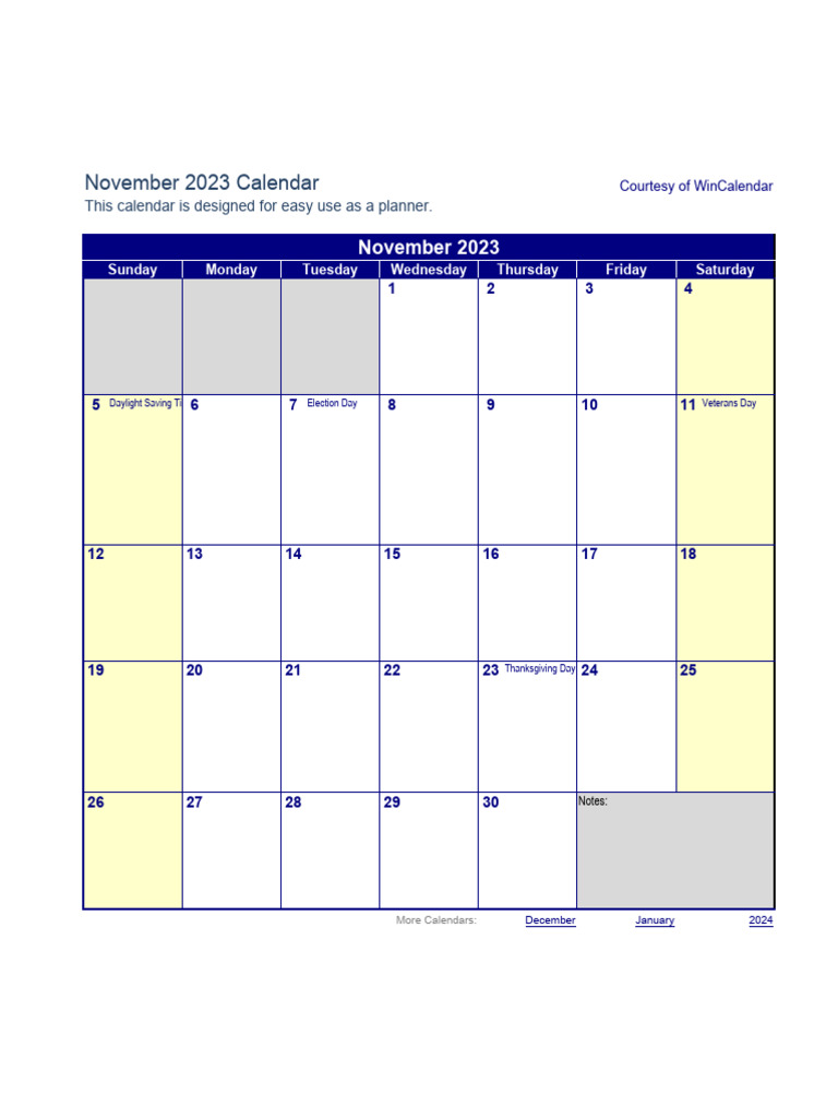 November 2023 Calendar Overview | PDF