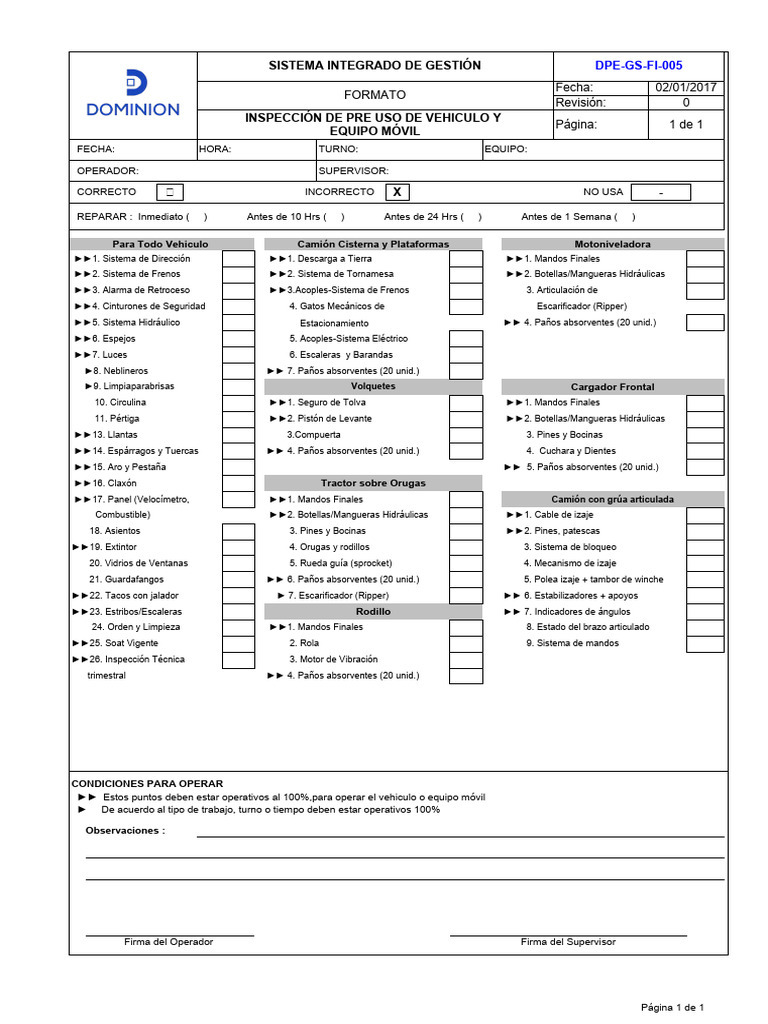 DPE-GS-FI-005 INSPECCIÓN DE PRE USO DE VEHICULO Y EQUIPO MÓVIL | PDF | Tecnología de vehículos ...